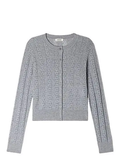 Sandro Pointelle Knitted Wool Cardigan - Grey