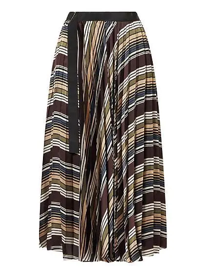 Sacai Horizontal Stripe Satin Midi Skirt - Brown Beige
