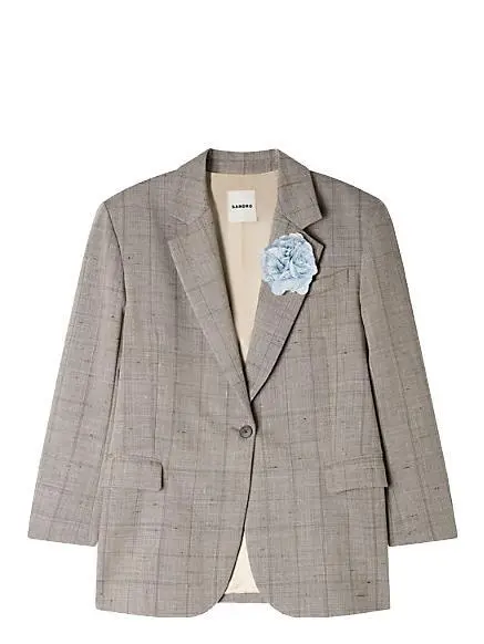 Sandro Wool-blend Checked Jacket With Flower Brooch - Greige