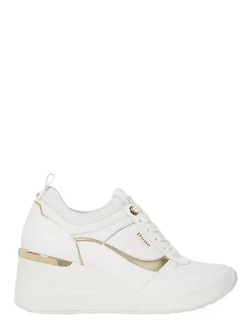 DUNE Elarah Leather Wedge Trainers - White Leather Mix