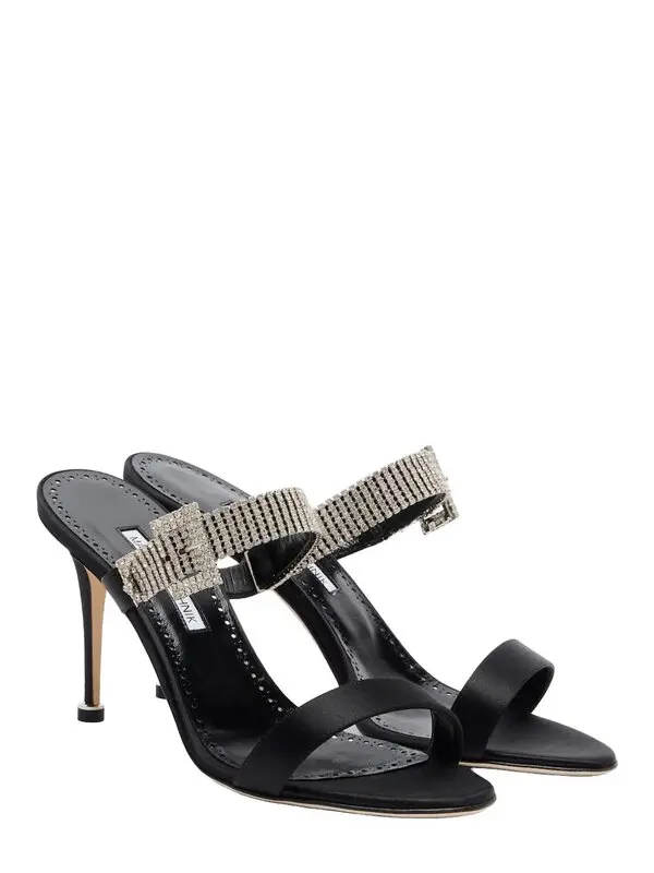 Manolo Blahnik Fibolta 90 Embellished Satin Mules - Black