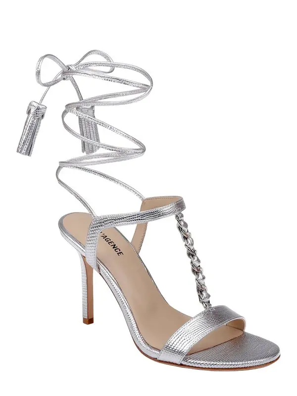L'Agence Bond Leather Stiletto Sandals With Chain Detail - Silver Lizard