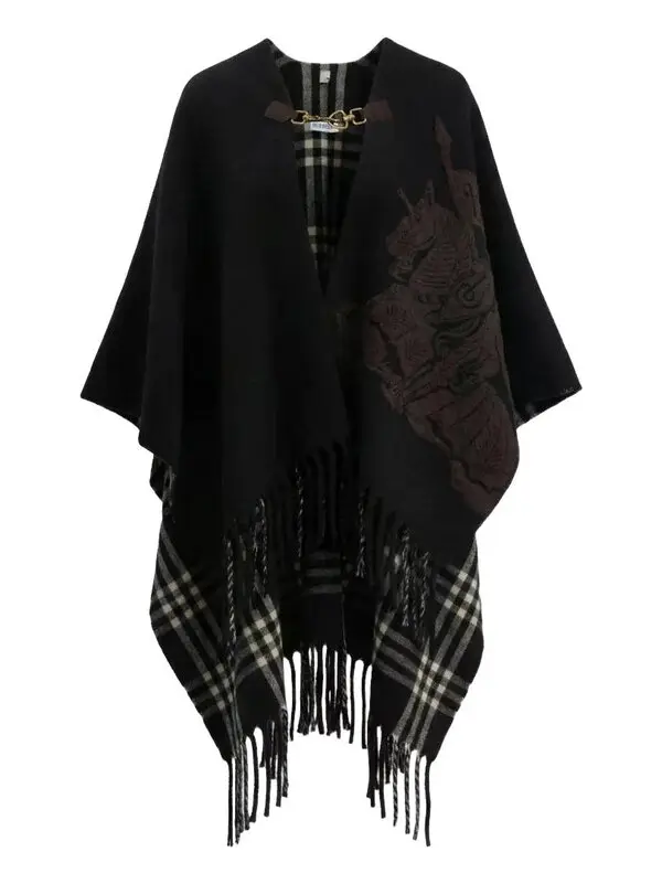 Burberry Wool Poncho With Fringed Trim - Black