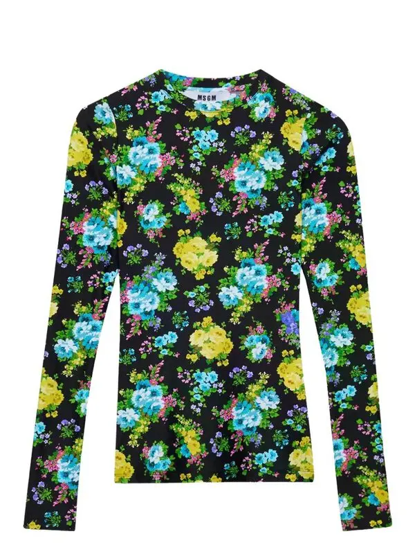 MSGM Floral-print Long-sleeve Top - Black