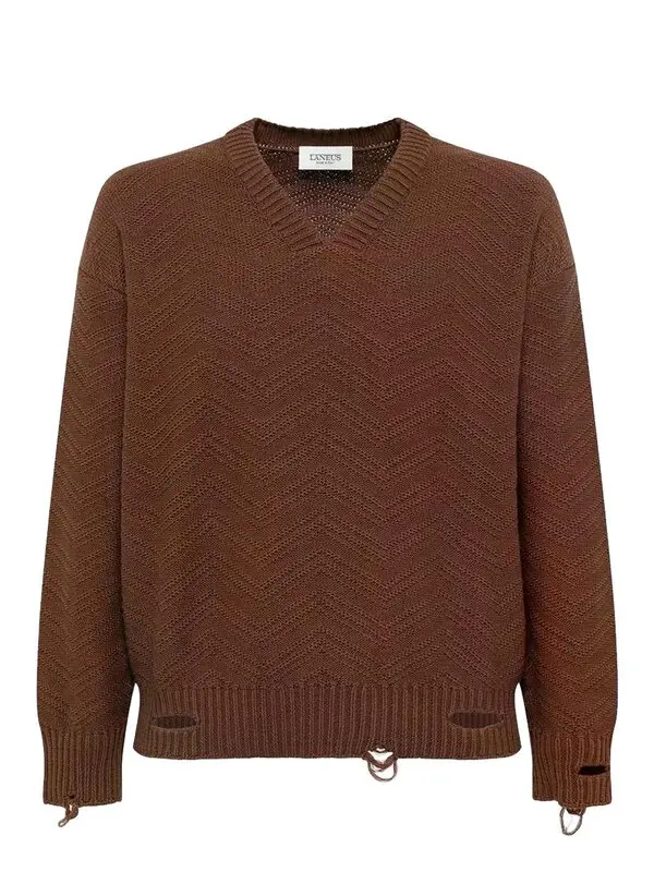LANEUS Distressed Chevron V-neck Jumper - Brown