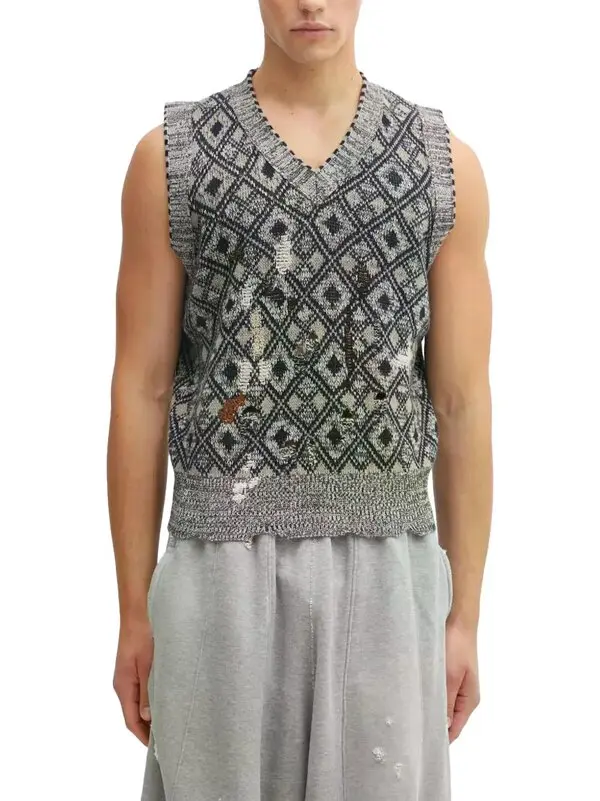 WALES BONNER V-neck Argyle Vest - Grey