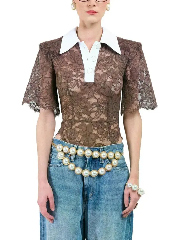 ROWEN ROSE Lace Short-sleeves Polo Shirt - Brown