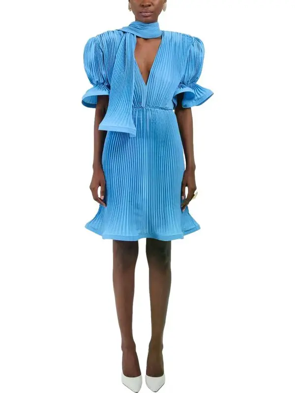 ROWEN ROSE Puff Sleeve Pleated Midi Dress - Blue