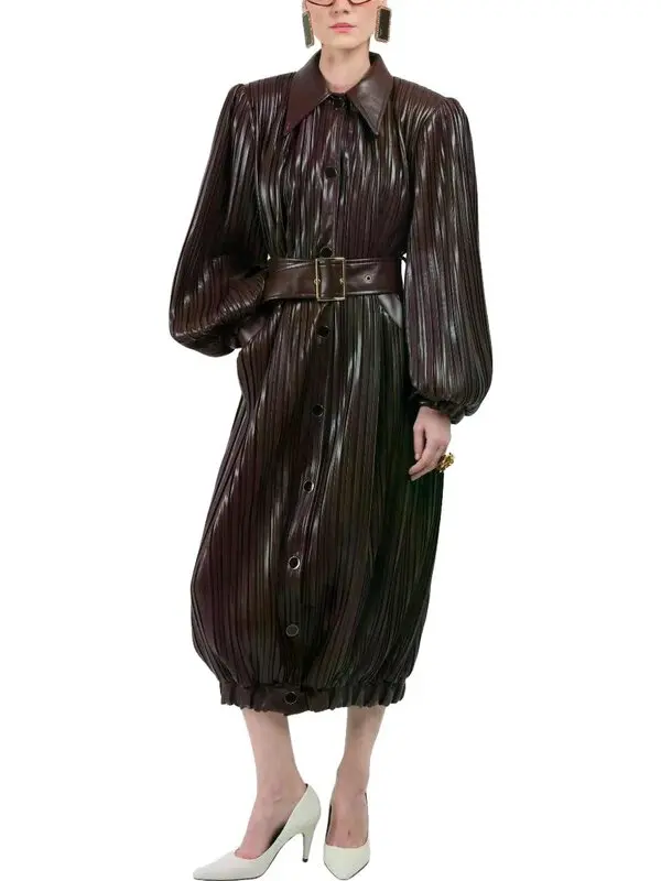 ROWEN ROSE Long Pleated Bomber Coat - Brown