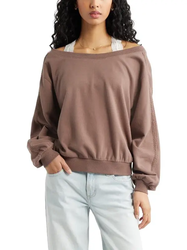 Bp. Lace Trim Off-the-shoulder Sweatshirt - Brown Quartz
