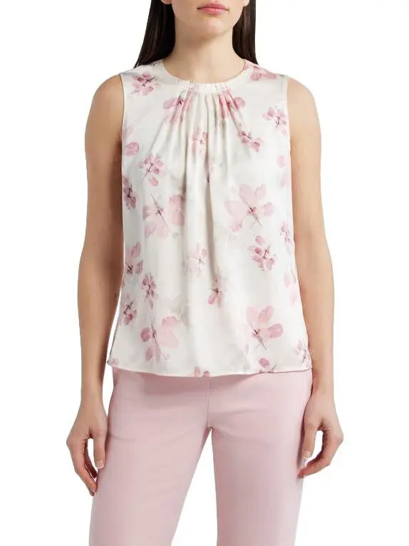 Anne Klein Print Sleeveless Pleat Top - White Dove Multi