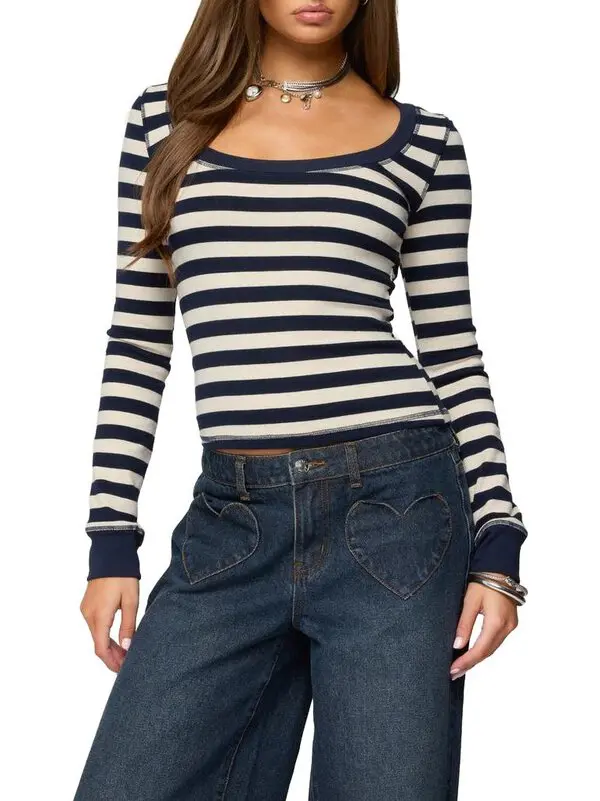 EDIKTED Rainey Stripe Knit Top - Navy-and-cream