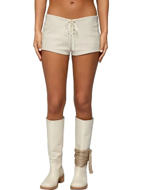 EDIKTED Lace-up Faux Leather Shorts - Off-white