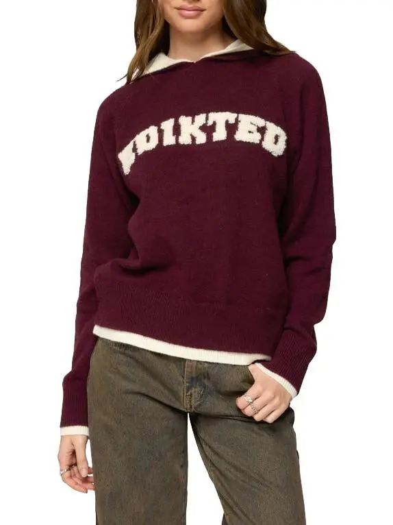 EDIKTED Varsity Logo Knit Hoodie - Burgundy-and-cream