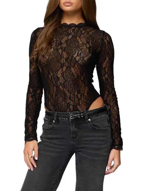 EDIKTED Sheer Lace Bodysuit - Black