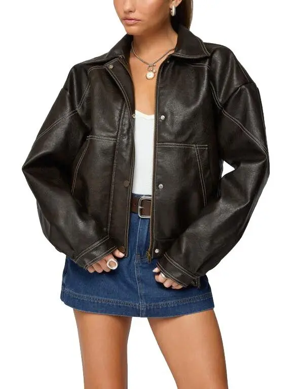 EDIKTED Faux Leather Oversized Jacket - Dark-brown