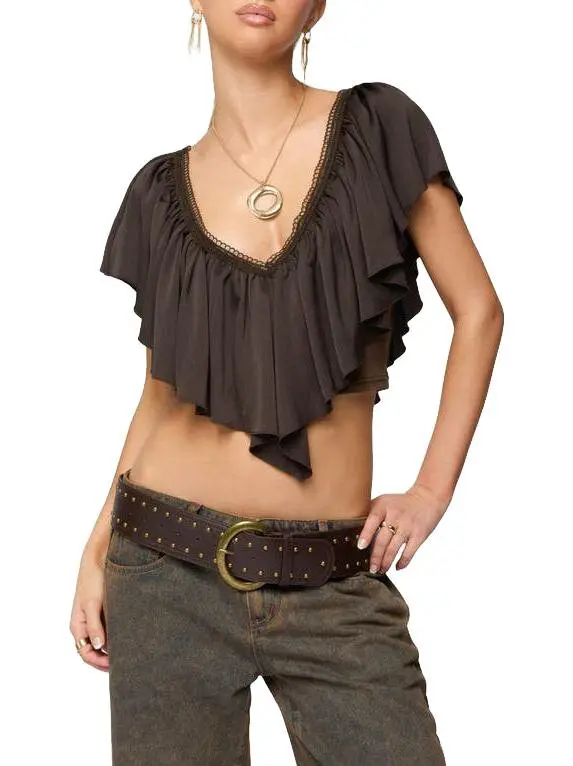 EDIKTED Deena Ruffle V-neck Top - Dark-gray