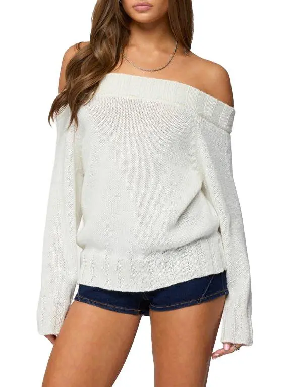 EDIKTED Off-the-shoulder Relaxed Fit Sweater - White