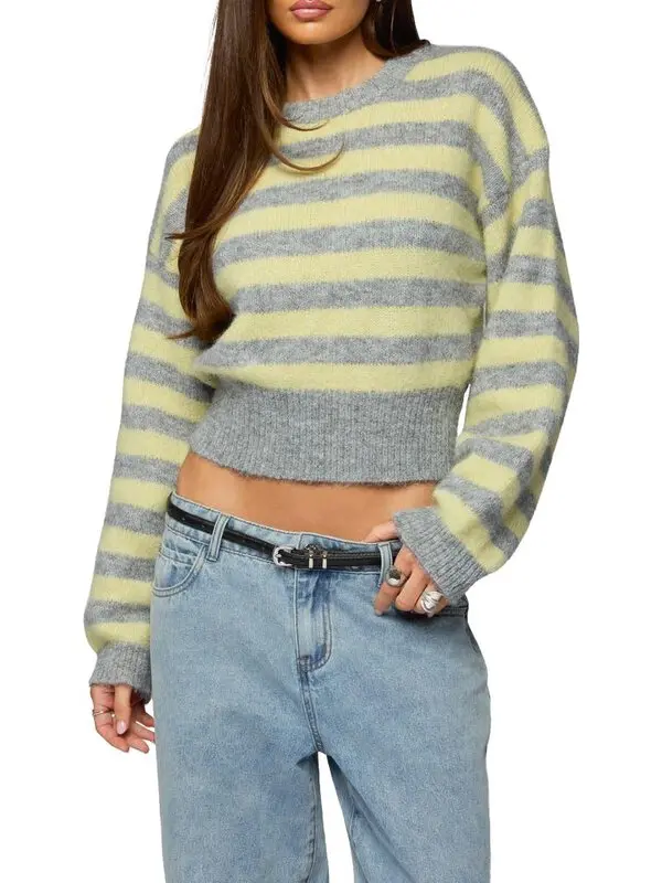 EDIKTED Striped Crop Sweater - Gray-and-yellow