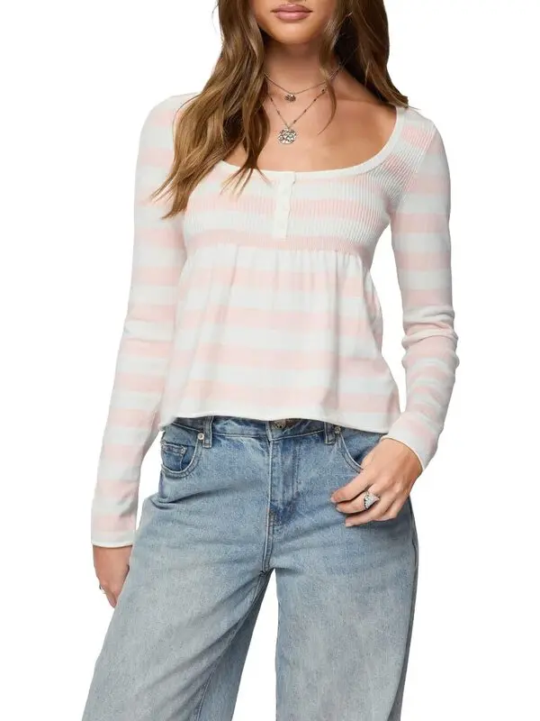 EDIKTED Striped Knit Babydoll Top - Light-pink