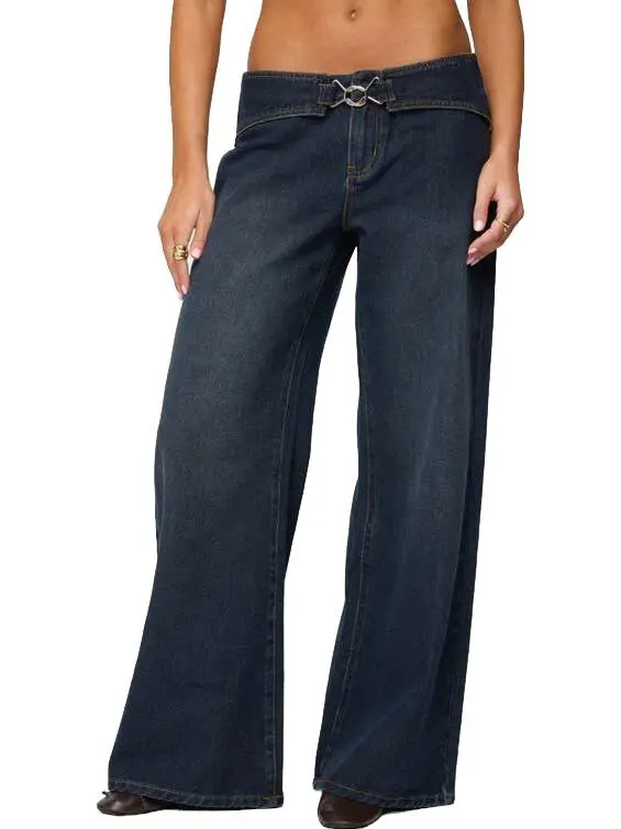 EDIKTED Briah Belted Wide Leg Jeans - Blue