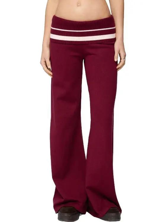 EDIKTED Striped Fold-over Sweater Pants - Burgundy
