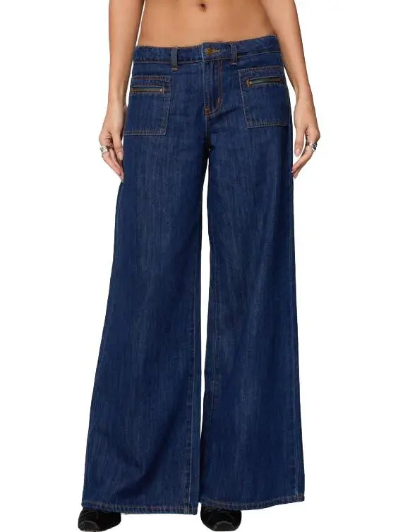 EDIKTED Jimena Low Rise Wide Leg Jeans - Blue