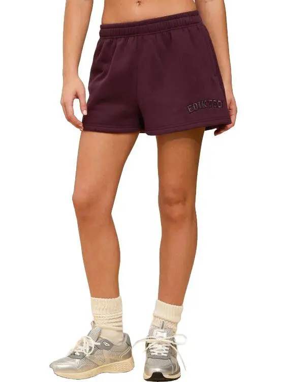 EDIKTED Embroidered Cotton Blend Sweat Shorts - Plum