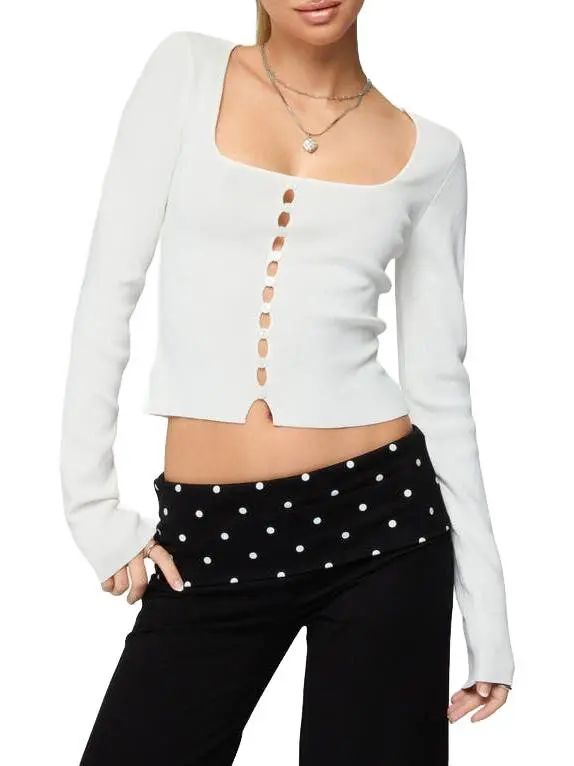 EDIKTED Cutout Button Long Sleeve Crop Top - White
