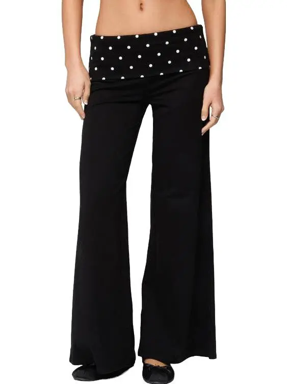 EDIKTED Polka Dot Foldover Wide Leg Pants - Black