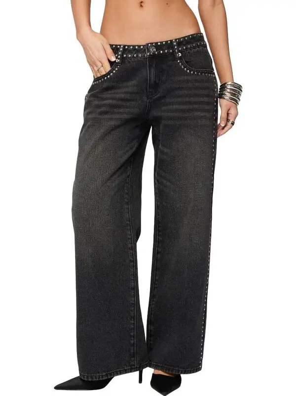 EDIKTED Quincy Studded Low Rise Wide Leg Jeans - Black-washed