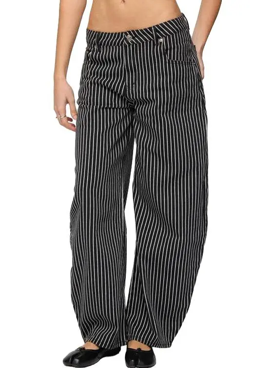 EDIKTED Pinstripe Low Rise Barrel Leg Jeans - Black-and-white