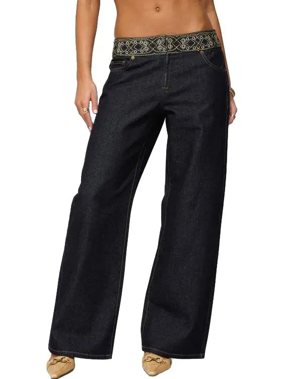 EDIKTED Carlie Beaded Embroidered Low Rise Wide Leg Jeans - Dark-blue