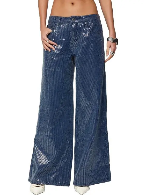 EDIKTED Mirella Sequin Wide Leg Jeans - Dark-blue