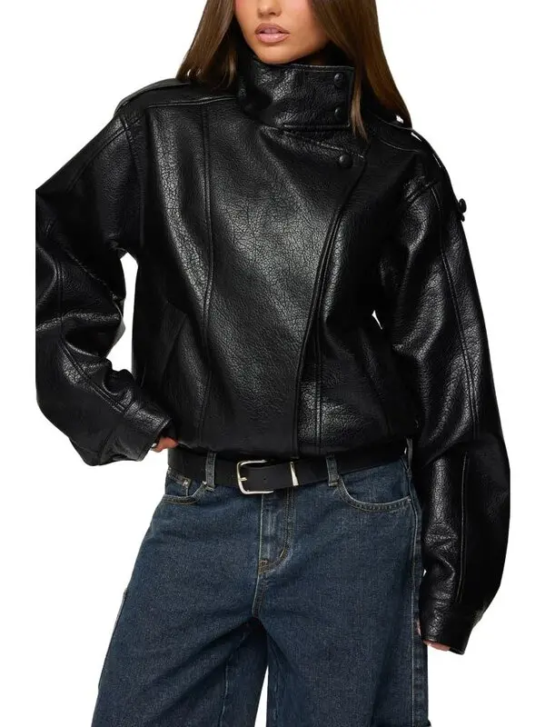 EDIKTED Faux Leather Jacket With Stand Collar - Black
