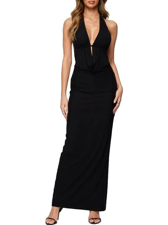 EDIKTED Laretta Cowl Neck Open Back Maxi Dress - Black