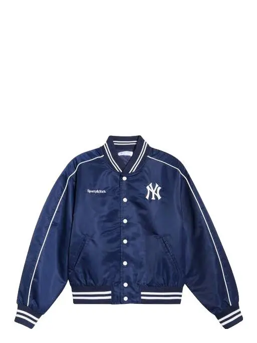 SPORTY & RICH New York Yankees Curve Nylon Varsity Jacket - Dark Navy/white
