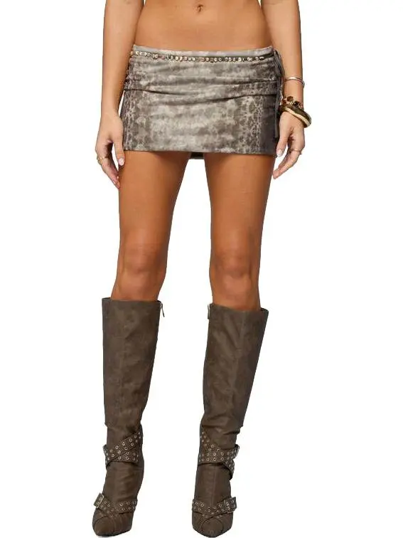 EDIKTED Printed Mesh Miniskirt - Brown
