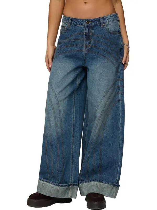 EDIKTED Cuffed Seamed Baggy Jeans - Light-blue-washed