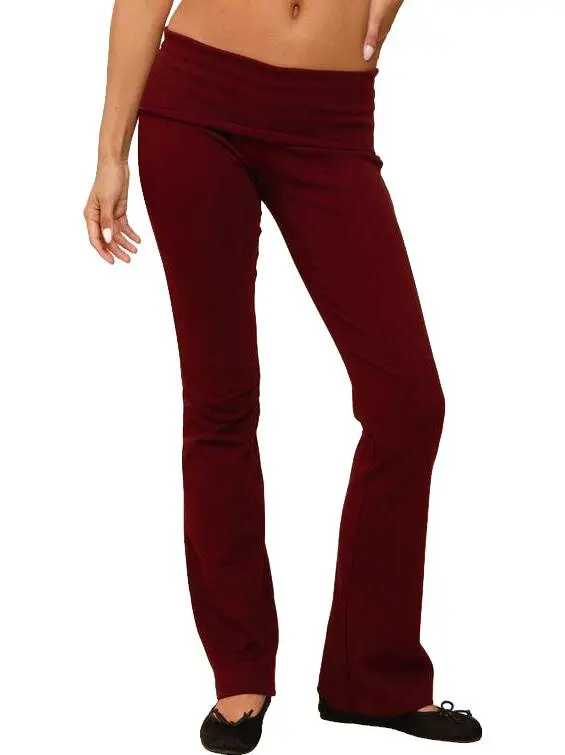 EDIKTED Foldover Stretch Cotton Flare Pants - Burgundy