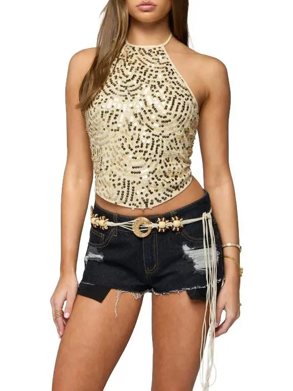 EDIKTED Ilaria Sequin Halter Top - Gold