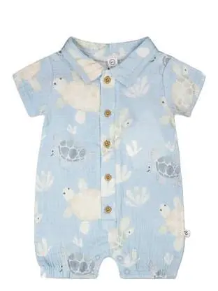 DEUX PAR DEUX Muslin Turtle Print Romper - Blue Turtle Print