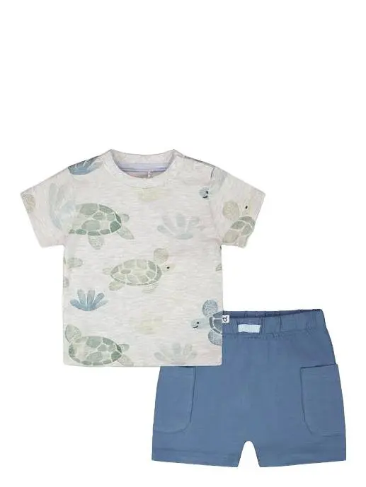 DEUX PAR DEUX Jersey T-shirt And Organic Cotton Turtle Print Jersey Shorts Set - Grey Mix Turtle & Medium Blue