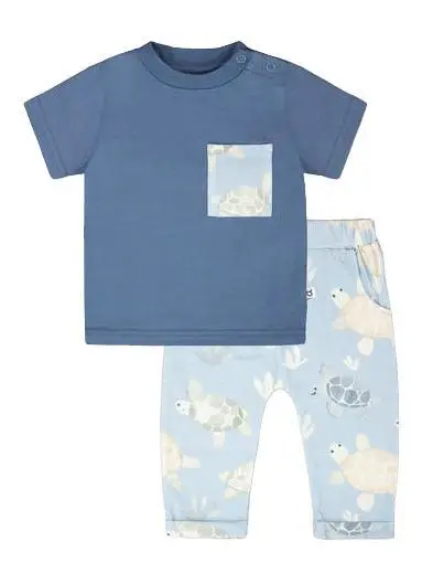 DEUX PAR DEUX Organic Cotton Turtle Print Jersey T-shirt And Pants Set - Medium Blue & Blue Turtle