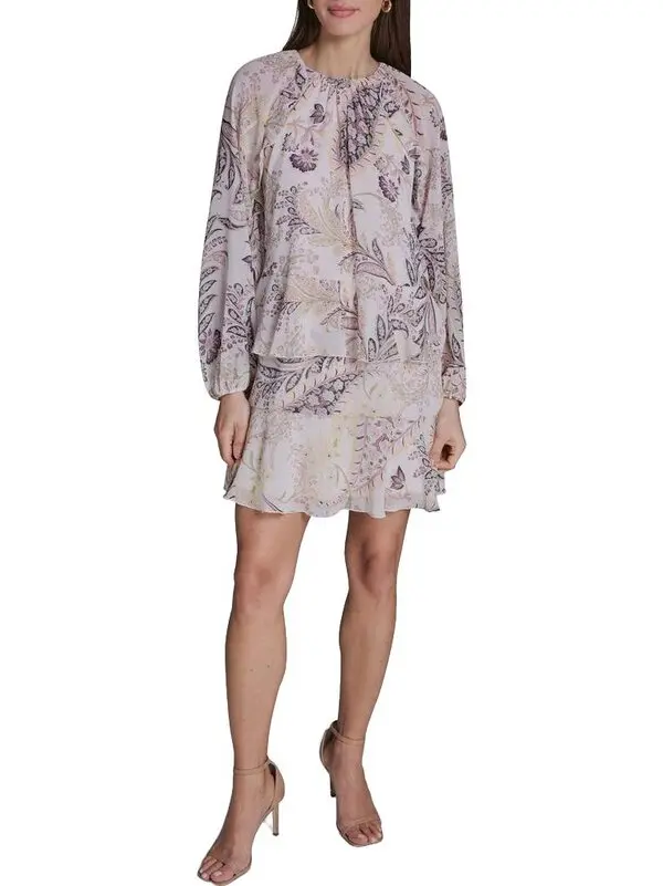 Bcbgmaxazria Paisley Long Sleeve Tiered Mini Dress - Ecru/citron Zest Multi