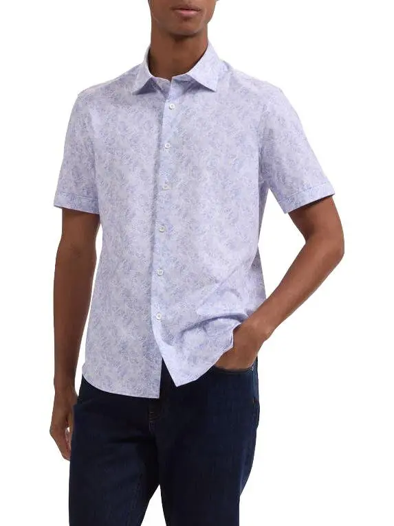 Bugatchi Miles Ooohcotton® Tropical Leaf Print Short Sleeve Button-up Shirt - Lilac