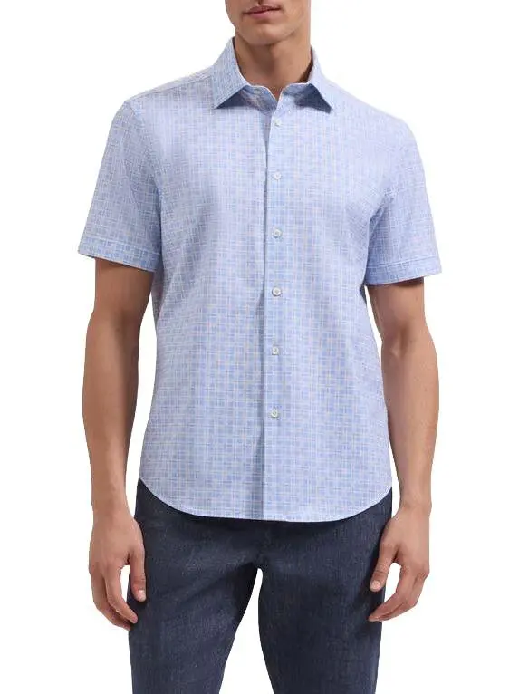 Bugatchi Miles Ooohcotton® Check Print Short Sleeve Button-up Shirt - Air Blue