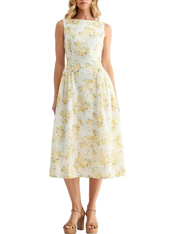 QUINCY MAE Floral Eyelet Fit & Flare Midi Dress - Yellow Floral