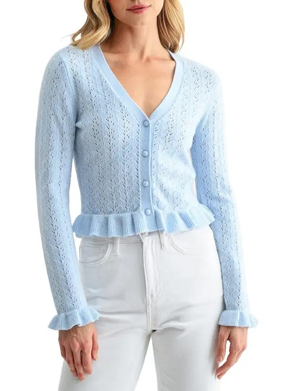 ALL IN FAVOR Pointelle Ruffle Hem Crop Cardigan - Light Blue