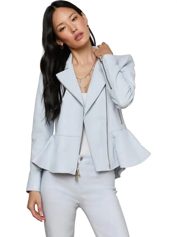 L'Agence Lyric Peplum Biker Jacket - Pale Mist Blue